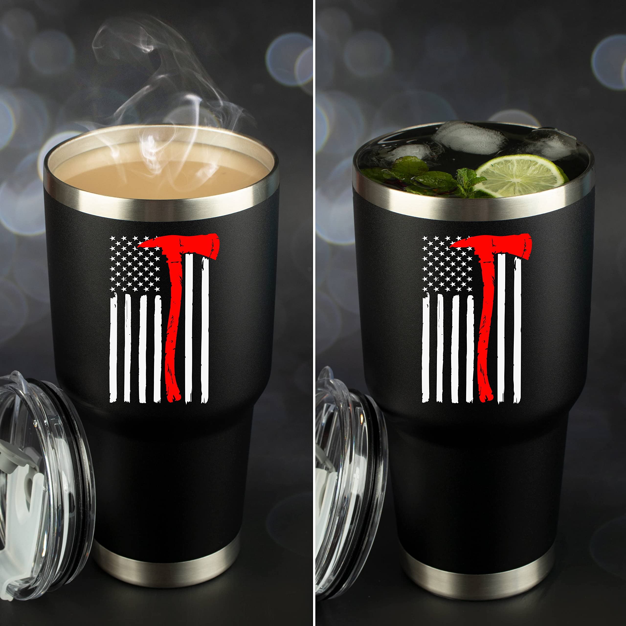 JENVIO Firefighter Gifts for Men | Stainless Steel Travel Tumbler/Mug with Two Lids and Gift Box | Thin Red Line Flag Design for Fireman Gift | Christmas Department | First Responder