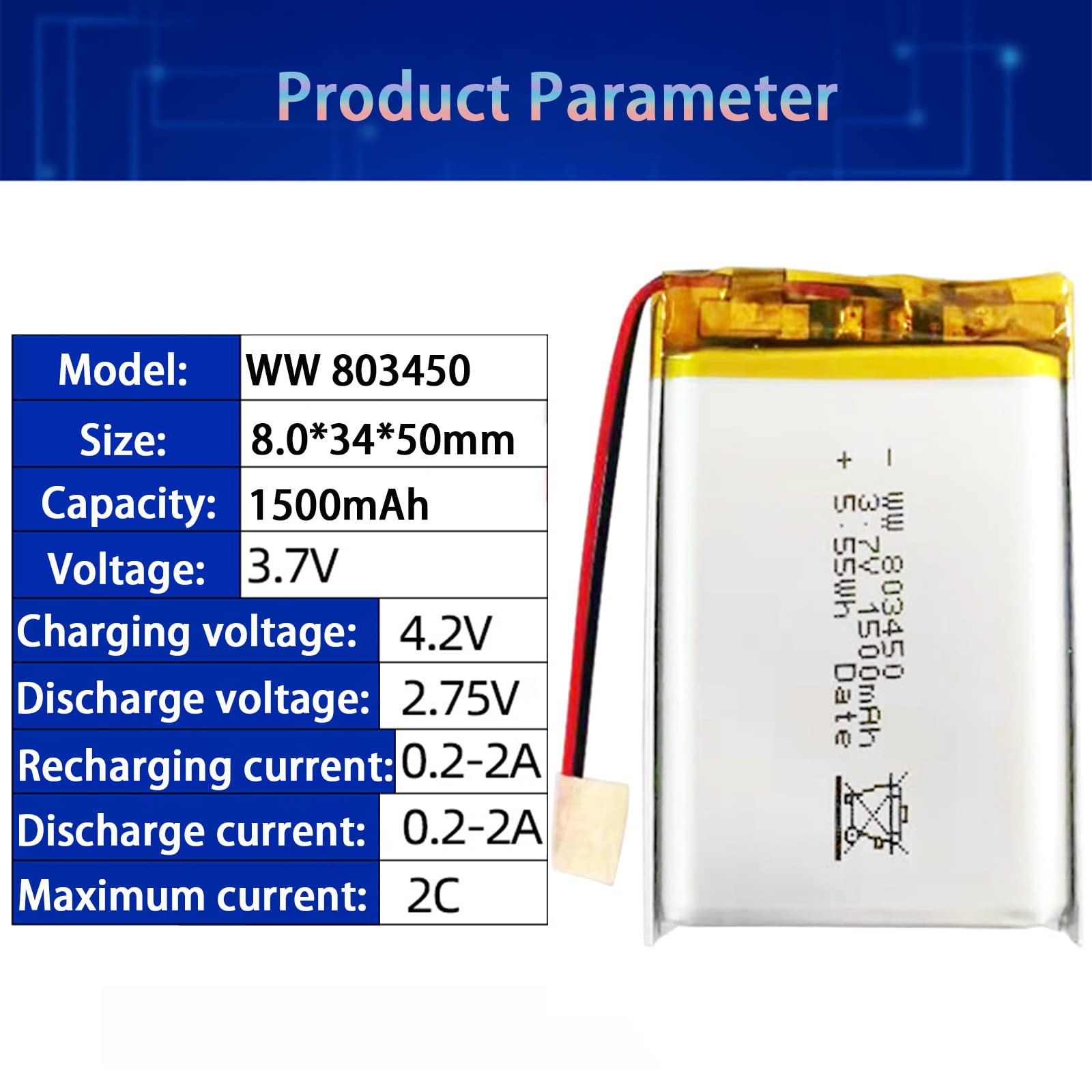 Jieoto 3.7V 1500mAh 803450 Lithium Polymer ion Battery Pack Rechargeable Polymer Battery with Protection Board(2 pcs)