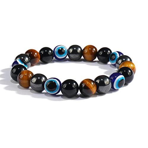mens beaded bracelets(evil eye, tigers eye,hematite, obsidian)A handmade beaded crystal healing bracelet that can bring luck, happiness and protection(10mm elastic)