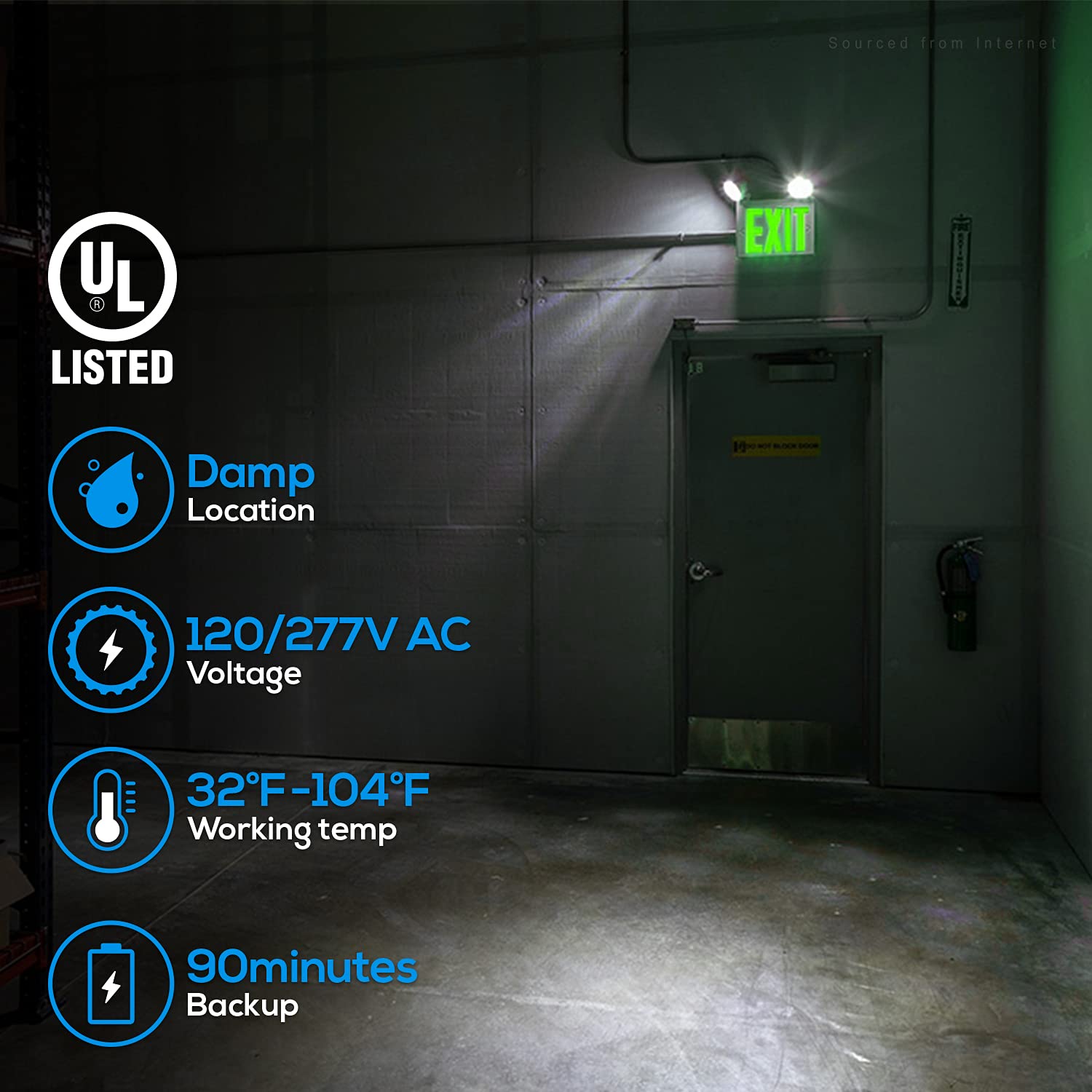 TORCHSTAR Green LED Exit Sign with Emergency Lights, UL 924, Emergency Exit Light with Battery Backup, Adjustable Heads, Fire Exit Sign with Lights, Double Face, AC 120/277V, Damp Location, Pack of 2