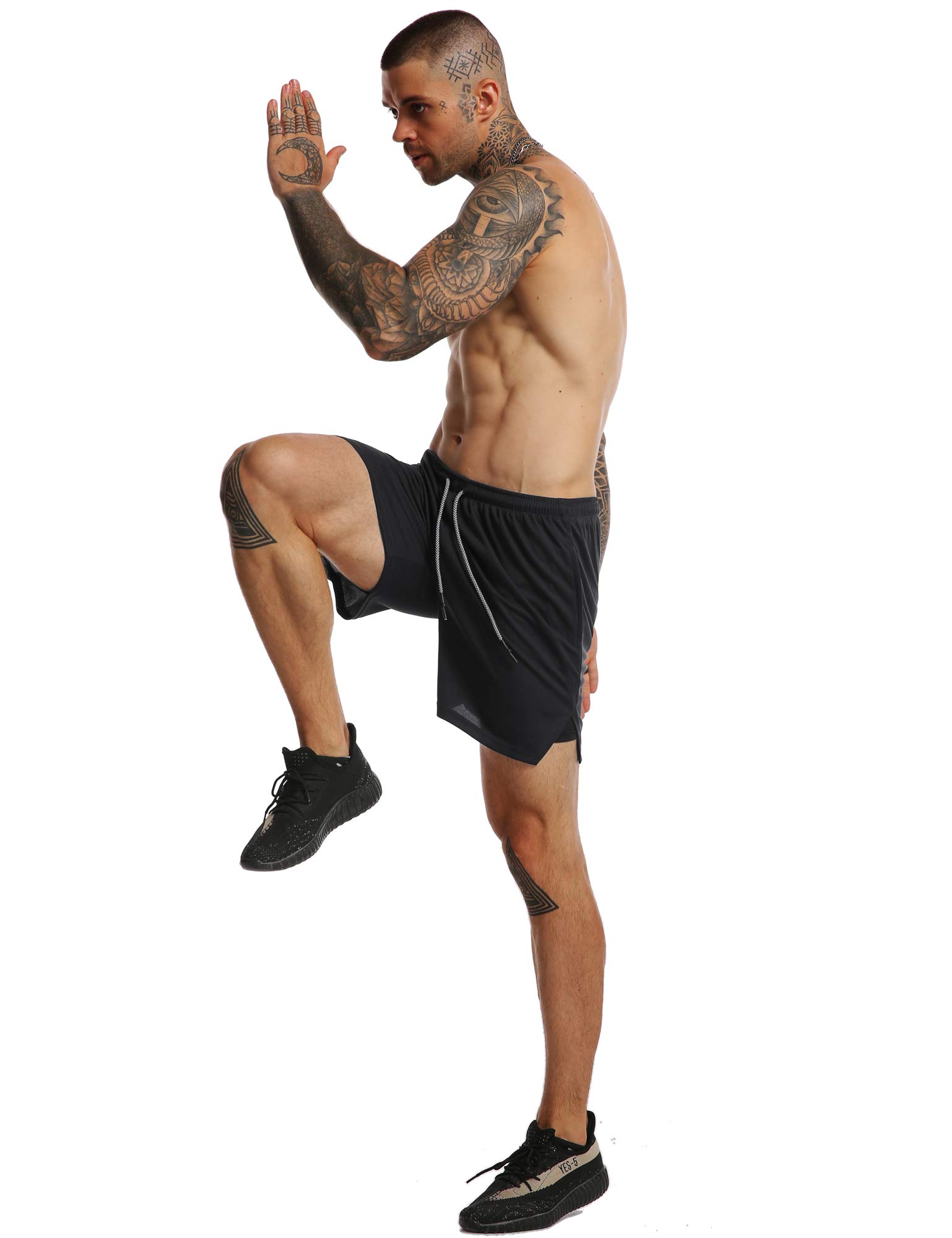 FLYFIREFLY Men's 2-in-1 Workout Running Shorts 7" Lightweight Gym Yoga Training Sport Short Pants Black