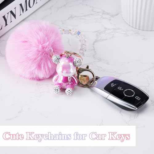 HONYJOOM Teddy Bear Keychain, Pink Keychain Accessories, Key Chains Women Cute, Puff Ball Keychain (Pink)