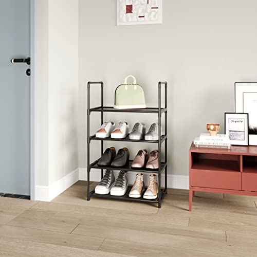 Yegazte Upgrade Stackable Small Shoe Rack, 4-Tier Nonwoven Shoe Storage Organizer with Handle for Entryway, Hallway and Closet (Black)