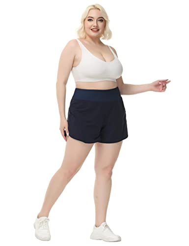 Hanna Nikole Women's High Rise Quick-Dry Athletic Sports Running Workout Shorts with Zip Pocket 18W Navy Blue