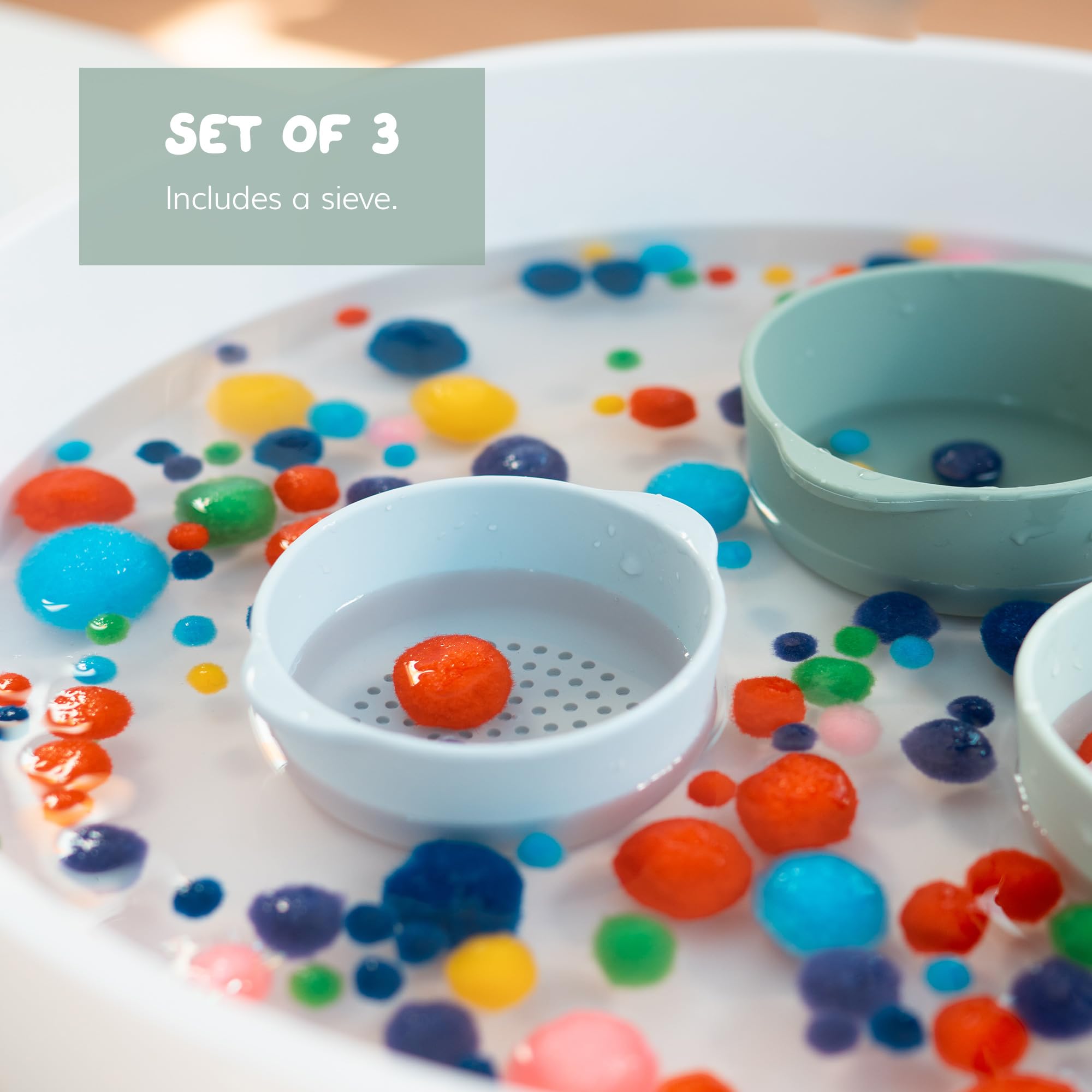 Inspire My Play - 3 x Nesting Bowls and Sieve - Perfect for Sensory PlayTray - Sensory Bin Accessories - Special Education Classroom Supplies - Montessori Education Toys - Coral