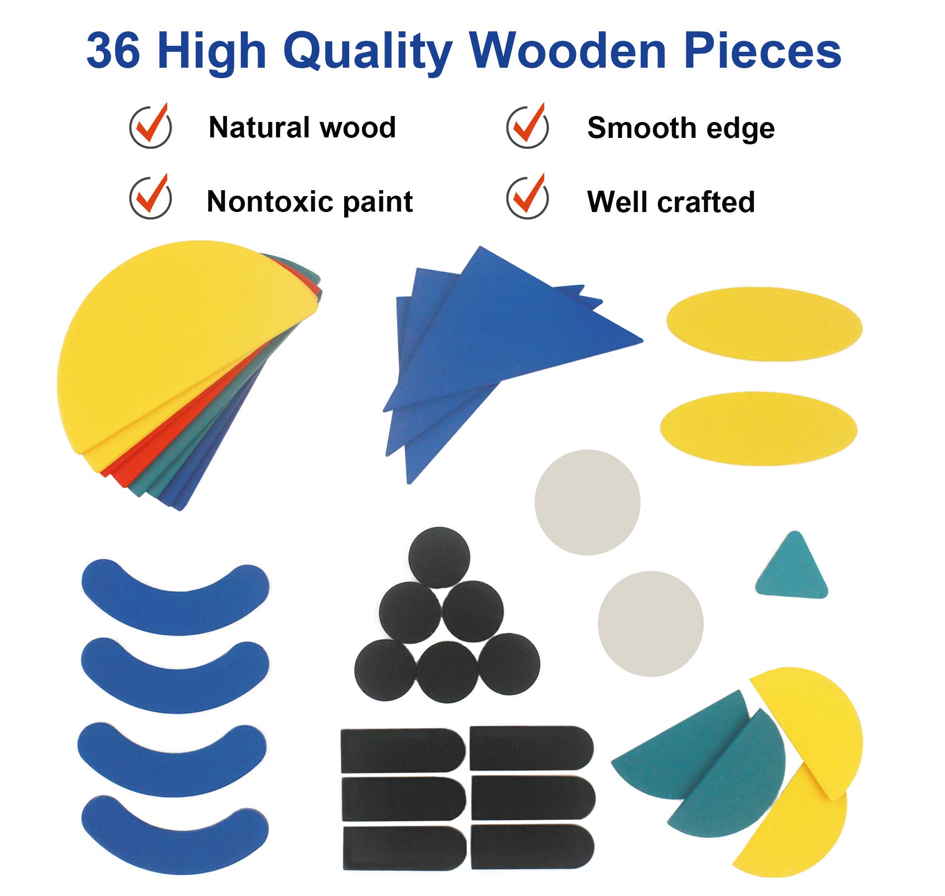 FLYINGSEEDS Wooden Pattern Blocks Animals Jigsaw Puzzle Sorting and Stacking Games Montessori Educational Toys for Toddlers Kids Aged 3+ Years Old (36 Shape Pieces & 60 Design Cards)