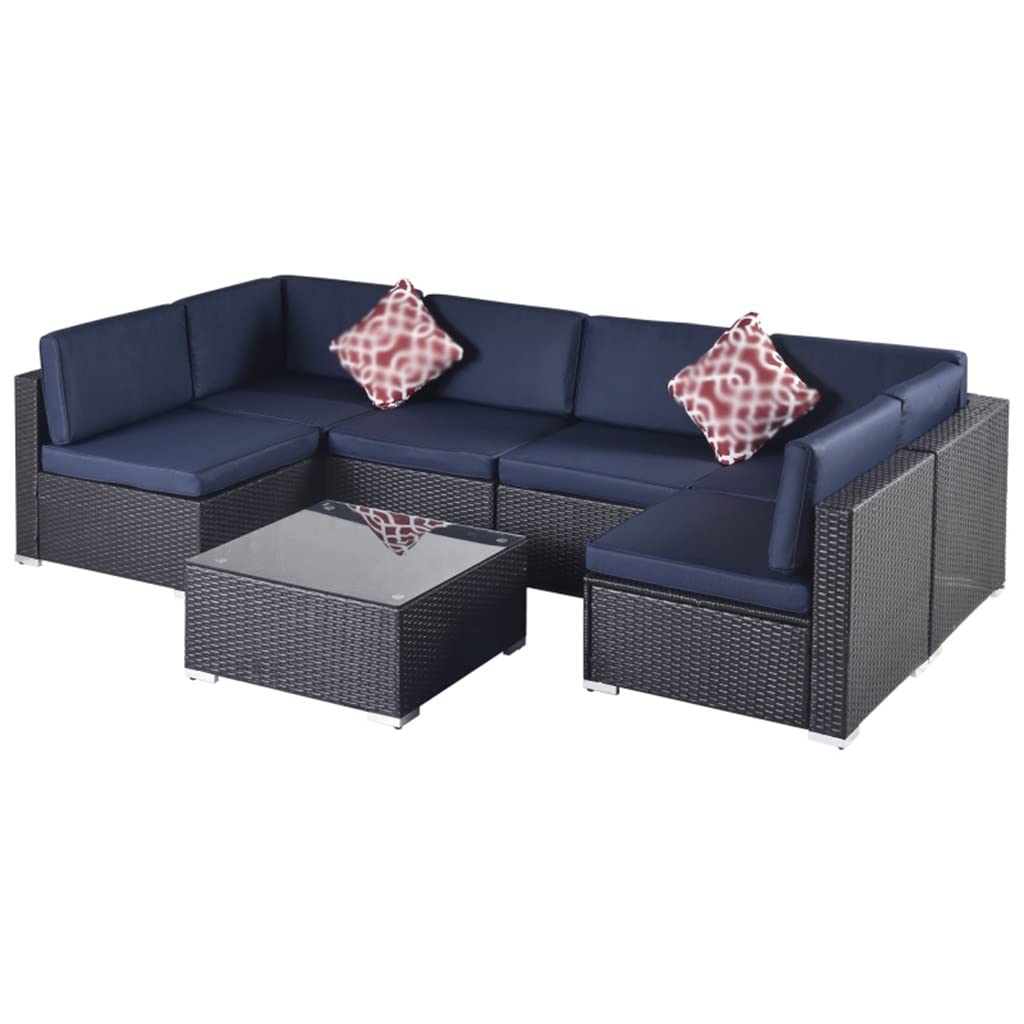Garden Terrace Furniture 7-Piece PE Rattan Wicker Cuts Padded Sofa Sets with 2 Cushions and Coffee Table