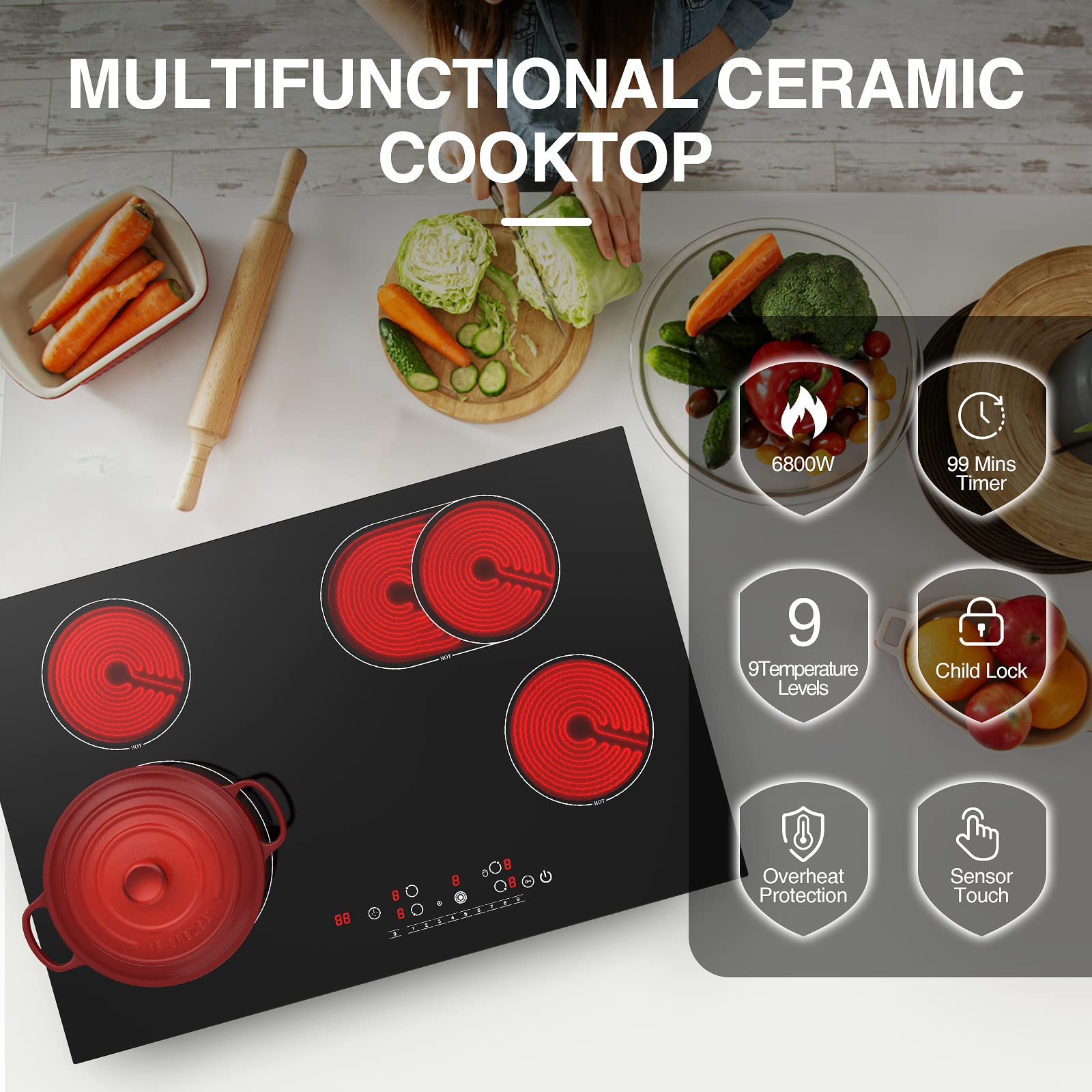 Electric Cooktop 30 Inch, Built-in Radiant Electric Stove 4 Burners, 6800W Ceramic Cooktop, 9 Heating Level Overheat Protection with Touch Screen, Timer & Safety Lock