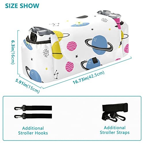 Kigai Cosmos Ufo Alien Baby Stroller Organizer with Cup Holders, Secure Hooks Accessories Adjustable Strap Stroller Bag for Bottle, Diaper, Phone, Toys, Baby Items