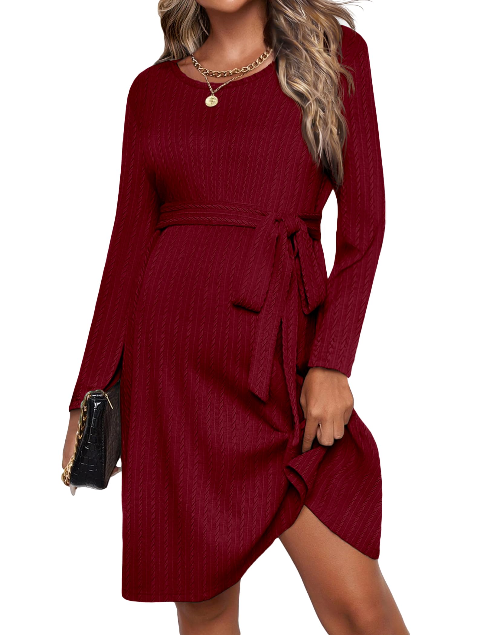 Ekouaer Womens Maternity Dress Rib Knit Long Sleeve Pregnancy Dresses Crewneck Pregnant Clothes with Belt Wine Red XL