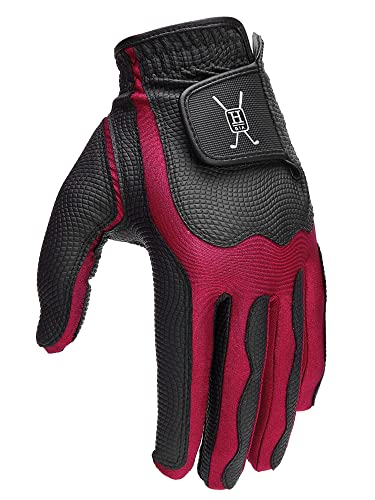 Handy Picks Men’s Golf Gloves, Premium Japanese Synthetic Leather, Stretch Fit, Enhanced Durability n Breathability (Black n Red, Medium Large)