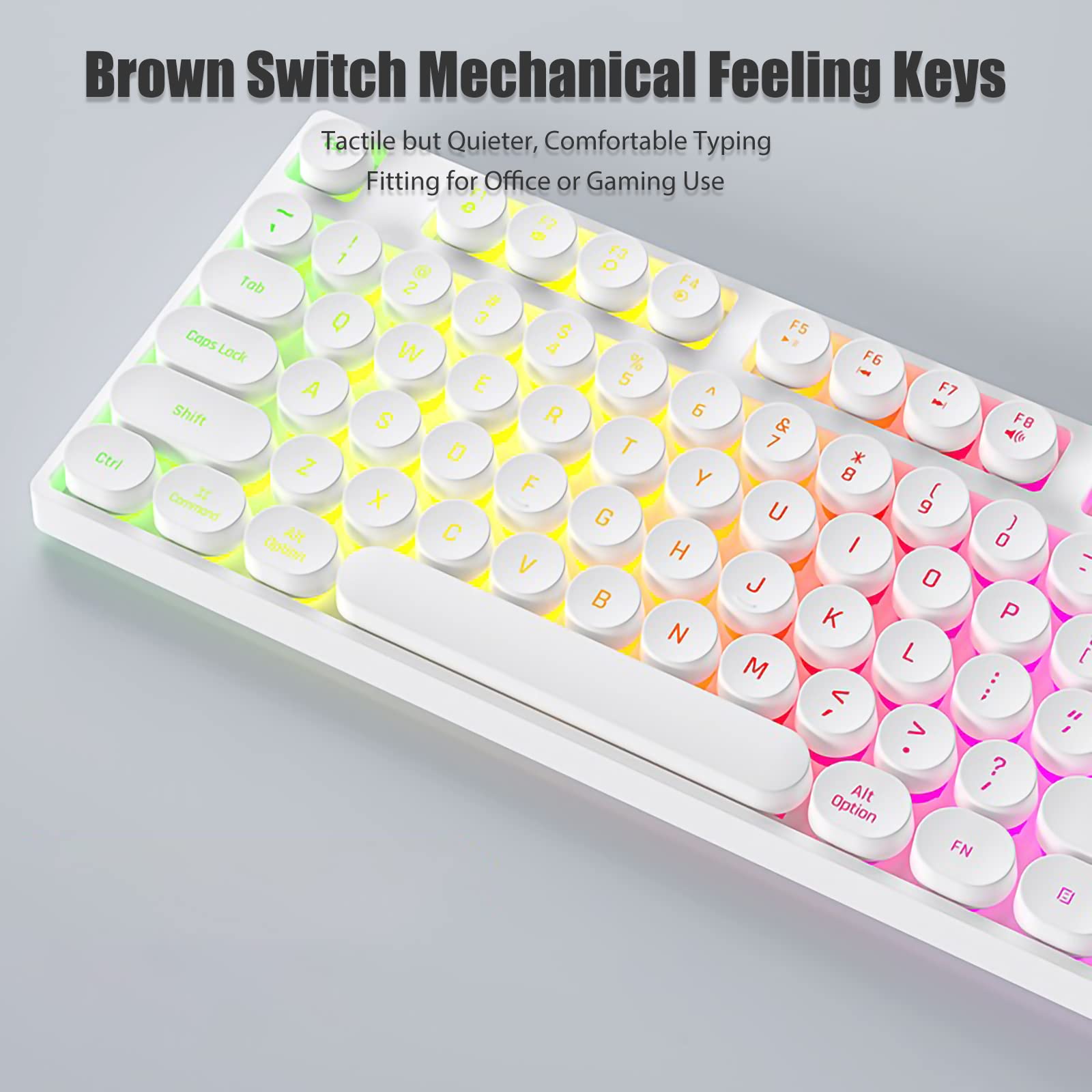 MYKYLIN Cheap Gaming Keyboard Rainbow LED Backlit Typewriter Round Keycap 87-Key Compact Portable Anti-Ghosting Quiet Silent Mechanical Feeling Waterproof Light Up Wired USB for PC/Mac/Laptop, White