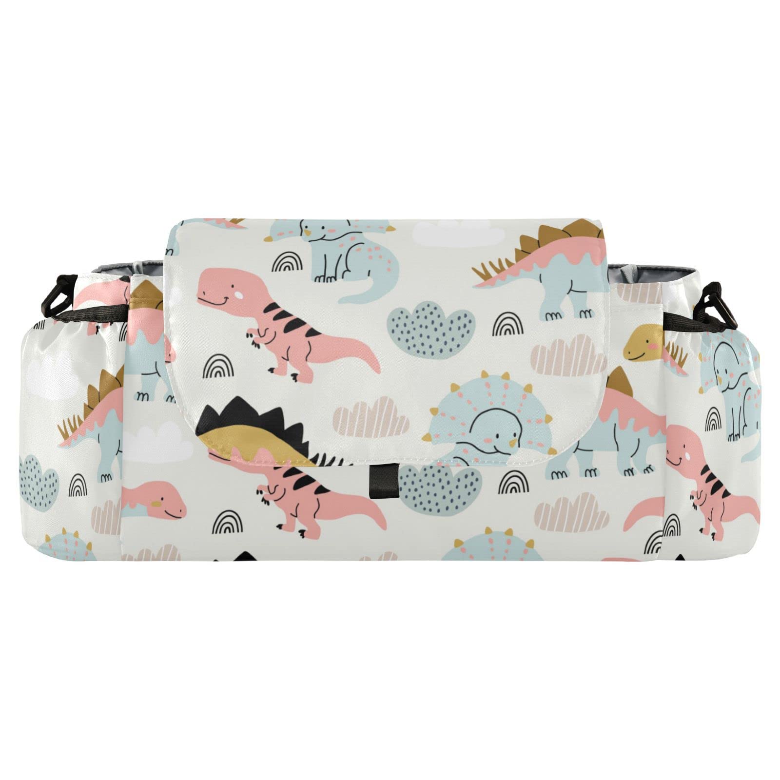 Kigai Cute Pink Dinosaurs Baby Stroller Organizer with Cup Holders, Secure Hooks Accessories Adjustable Strap Stroller Bag for Bottle, Diaper, Phone, Toys, Baby Items