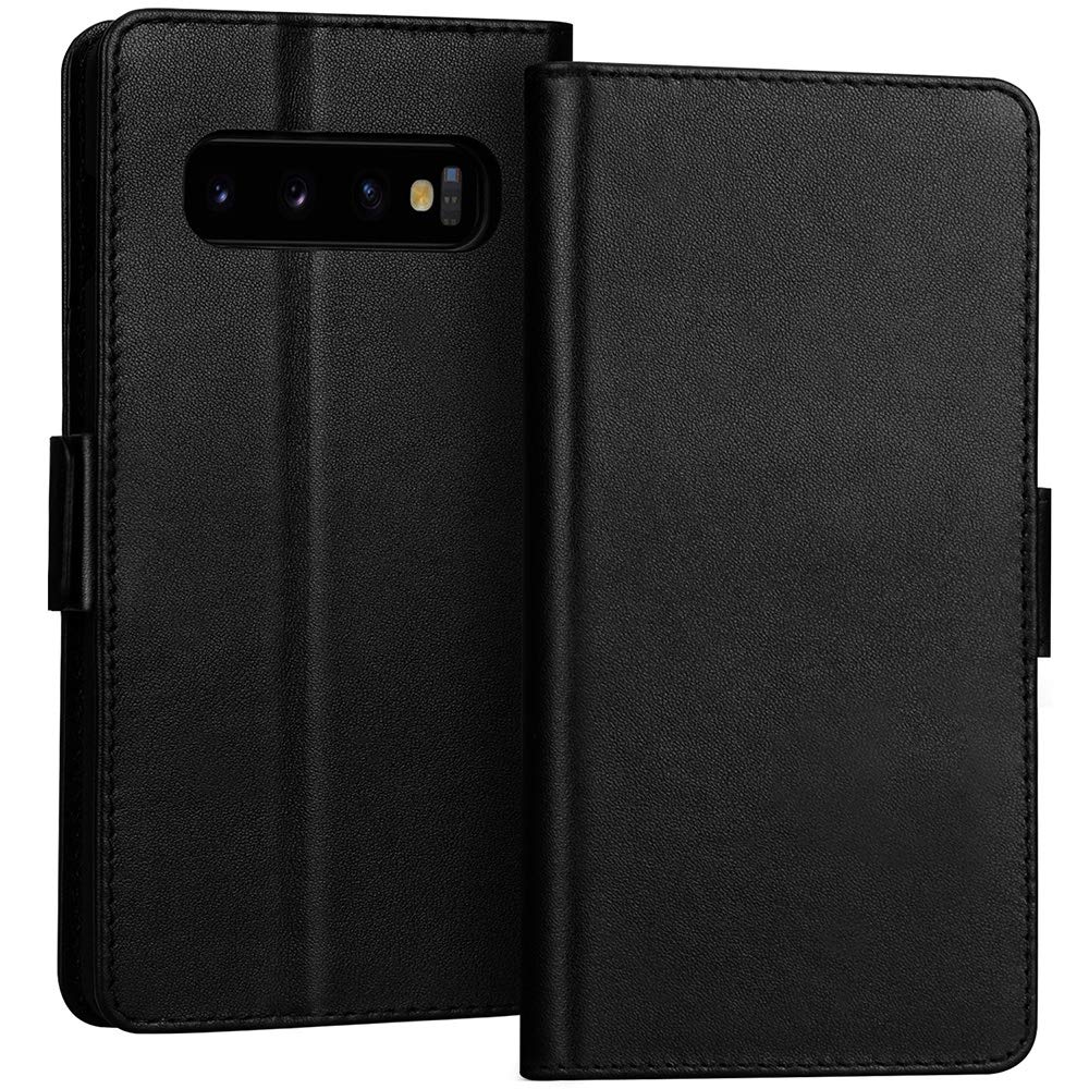 FYY Samsung Galaxy S10 6.1" Luxury [Cowhide Genuine Leather][RFID Blocking] Handcrafted Wallet Case, Handmade Flip Folio Case with [Kickstand Function] and [Card Slots] for Galaxy S10 (6.1") Black