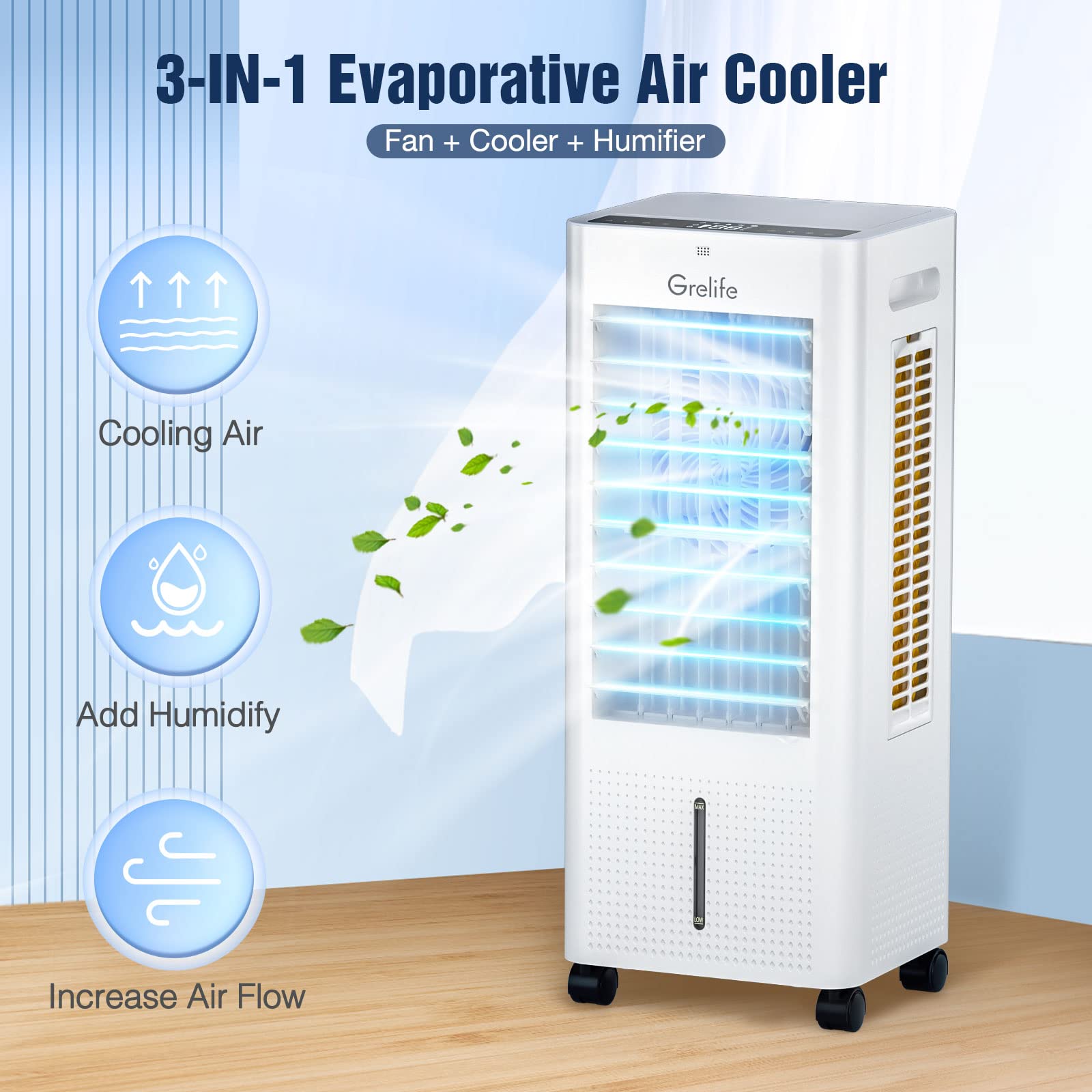 Grelife Evaporative Air Cooler, Portable Cooling Fan with 75° Oscillating, Humidifying, 1.58Gal Water Tank, 4 Ice Packs, Remote Control, 3 Speeds, Personal Swamp Cooler for Home Office