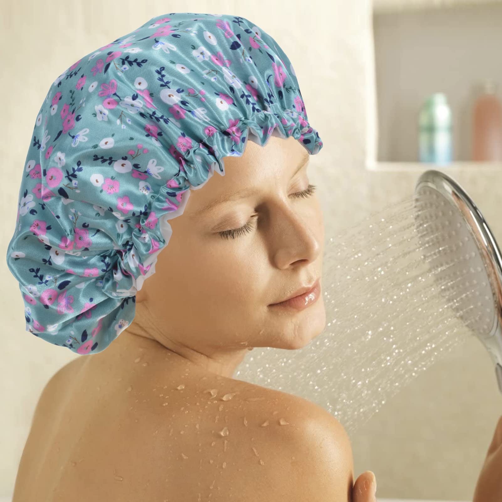Luvruitaky 2PCS Shower Caps for Women Reusable Waterproof Adjustable Reusable Large Shower Cap Double-Layer Waterproof Bathing cap for Long Hair