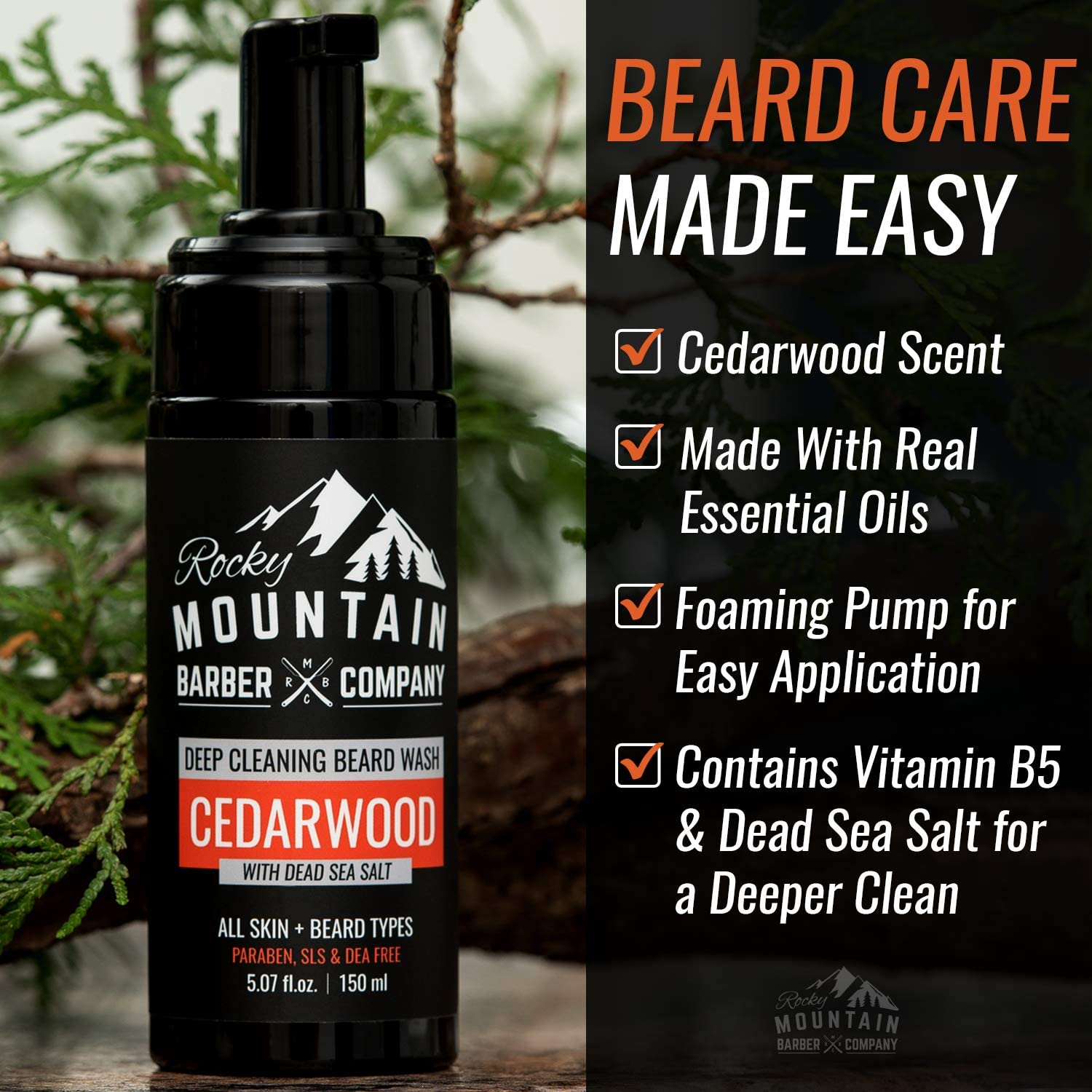 Foaming Cedarwood Beard Wash - With Cedarwood Essential Oil, Vitamin B5 & Dead Sea Salt β 5 oz by Rocky Mountain Barber Company