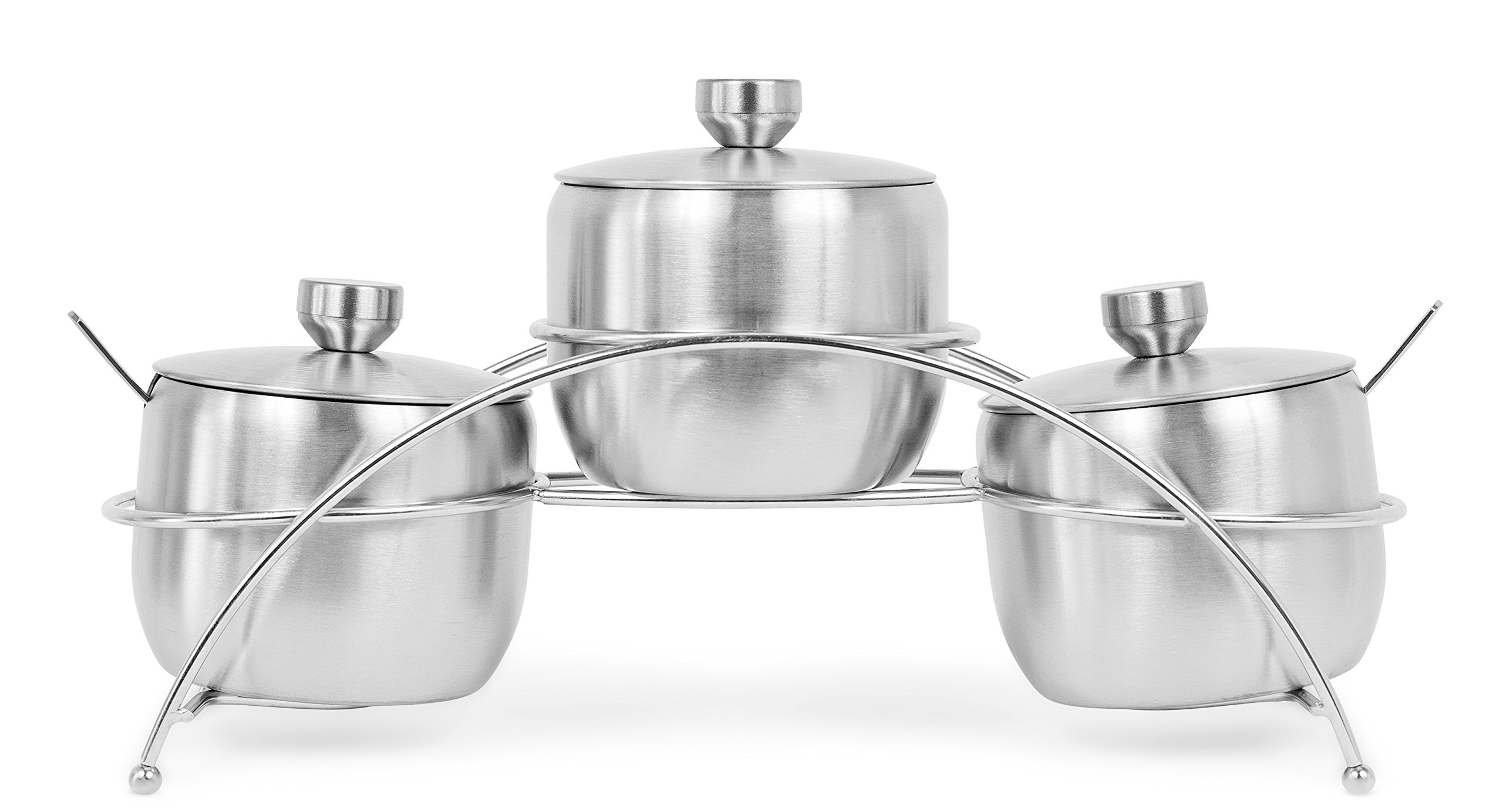 Internet's Best Condiment Serving Bowls with Stand - Set of 3 - Catering Hosting Serving Dish Set with Lids and Spoons - Stainless Steel