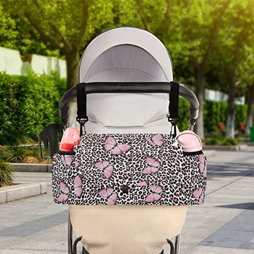 Kigai Pink Butterfly and Leopard Baby Stroller Organizer with Cup Holders, Secure Hooks Accessories Adjustable Strap Stroller Bag for Bottle, Diaper, Phone, Toys, Baby Items