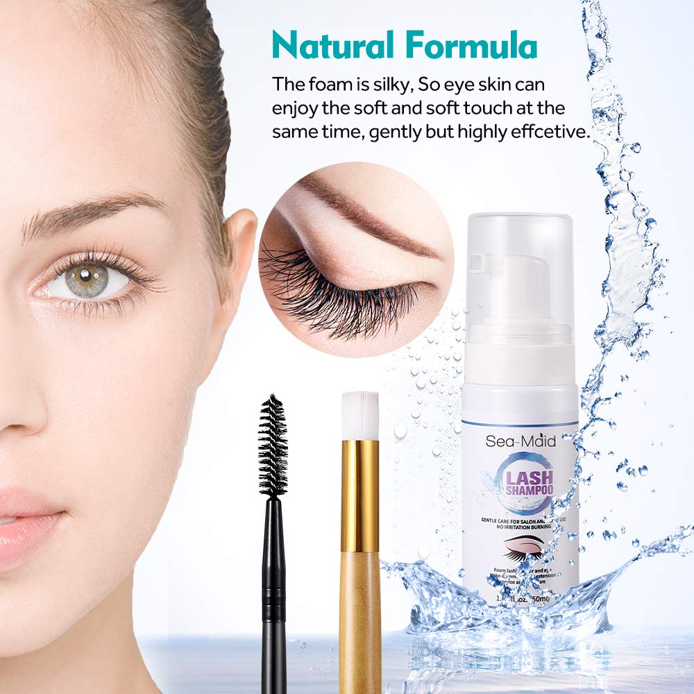 Eyelash Extension Cleanser Kit with Lashes Makeup Brush Tool-50ML Daily Foaming Eyelash Extension Shampoo/Wash for Extensions and Natural Lashes Shampoo