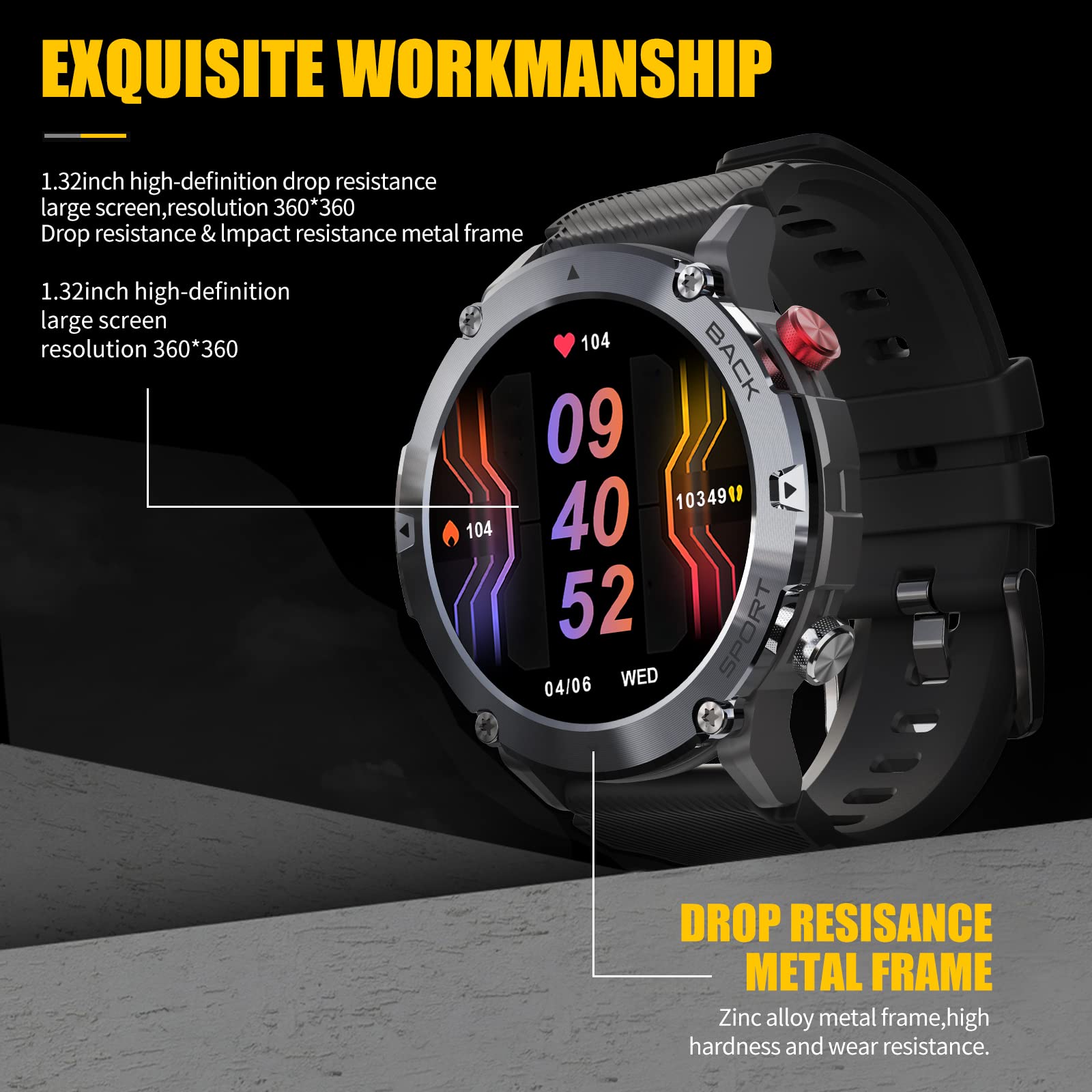 HIKA Military Smart Watch for Men,Bluetooth Calls,IP68 Waterproof,1.32'' HD Full Touchscreen,Heart Rate/Sleep Monitor,Notification Reminder,20 Sports Modes,Compatiable with Android iOS Black…