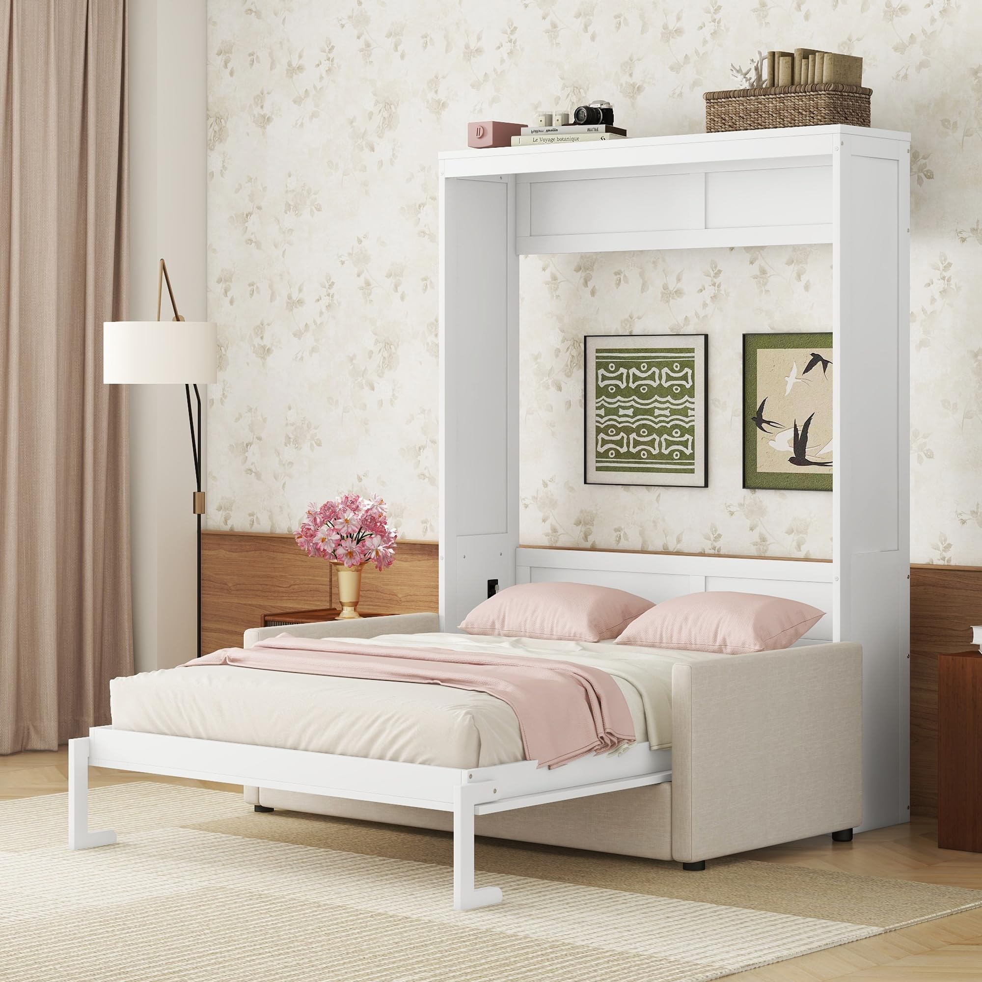LZ LEISURE ZONE Queen Size Murphy Bed, Wooden Queen Murphy Bed with Cushion, Wall Bed with Sofa for Home Office or Small Room, White