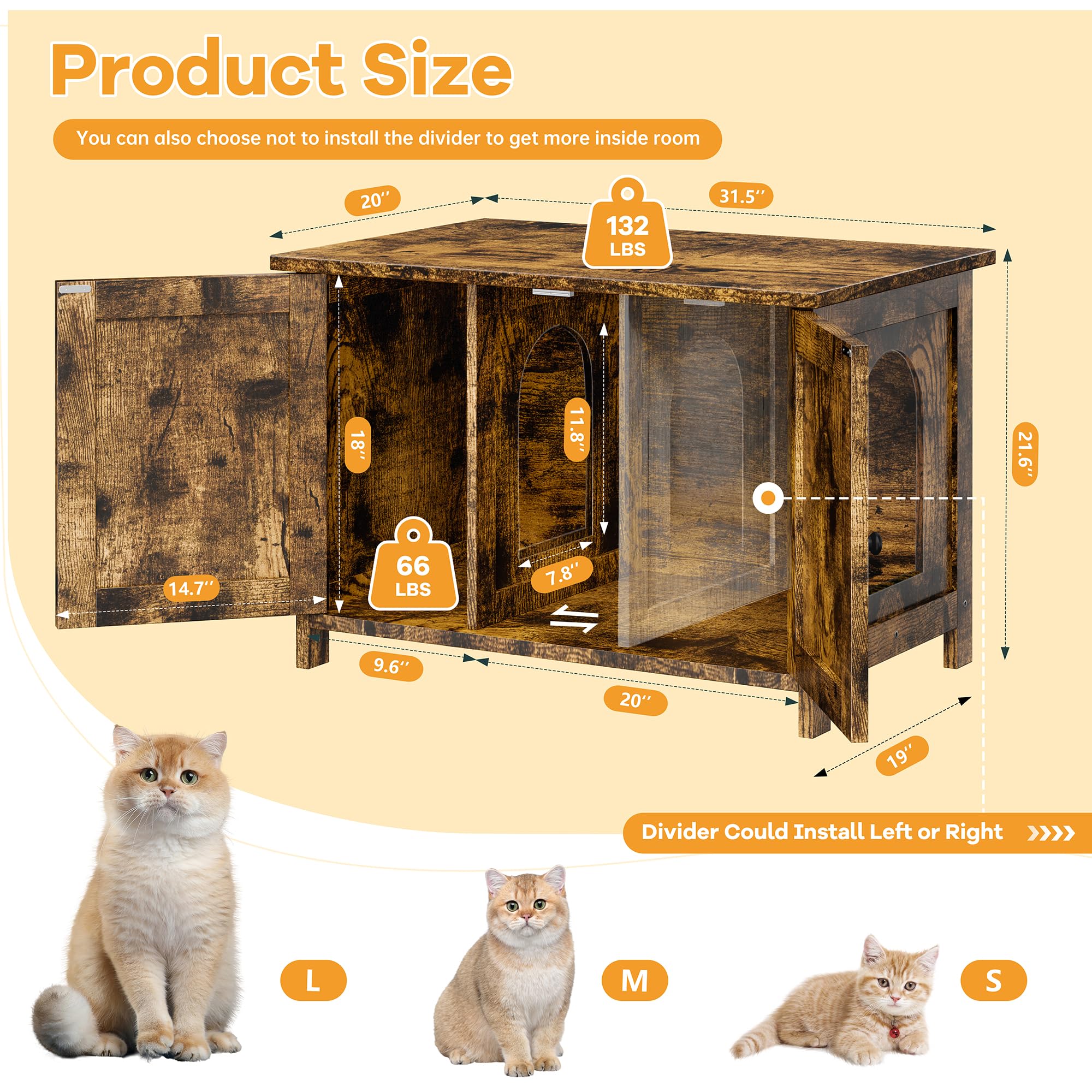 Shintenchi Cat Littler Box Enclosure, Litter Box Furniture Hidden with Removable Divider, Cat House with End Table, Grey