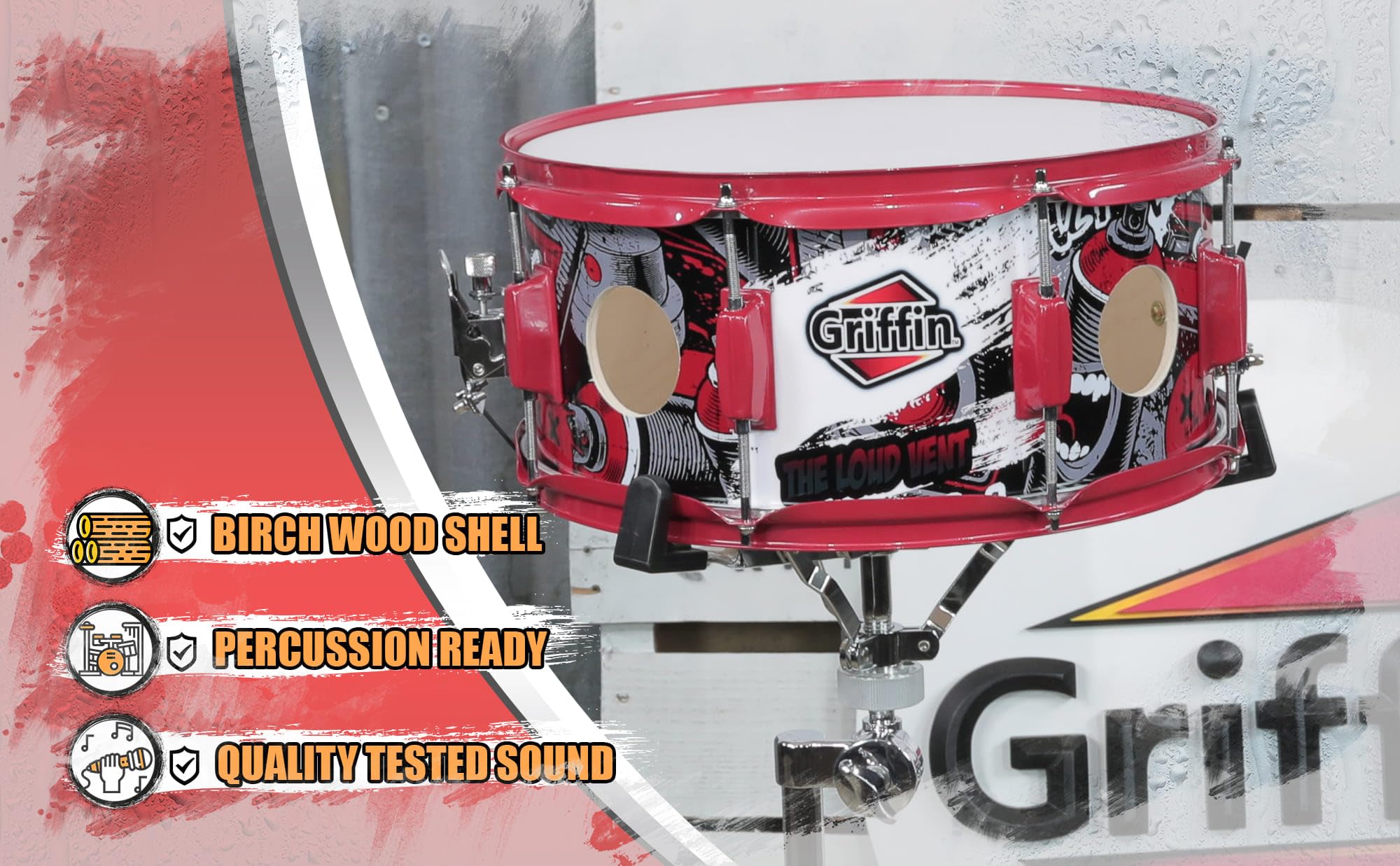 GRIFFIN Snare Drum Birch Wood Shell 14 X 6.5 Inch | Oversize 2.5" Large Vents & Custom Graphic Wrap (Limited Edition) | Red Hardware & Marching Drummers Key for Students & Pros | 8 Metal Tuning Lugs