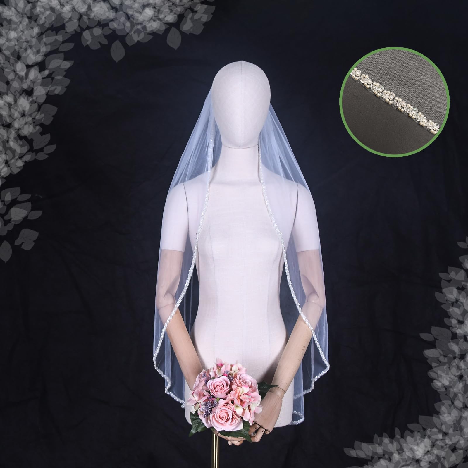 Grettytling Wedding Veil Pearls and Crystals Beaded Edge 1 Tier Fingertip Length Bridal Veil9(White)