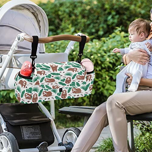 Kigai Sloth Palm Leaves Baby Stroller Organizer with Cup Holders, Secure Hooks Accessories Adjustable Strap Stroller Bag for Bottle, Diaper, Phone, Toys, Baby Items