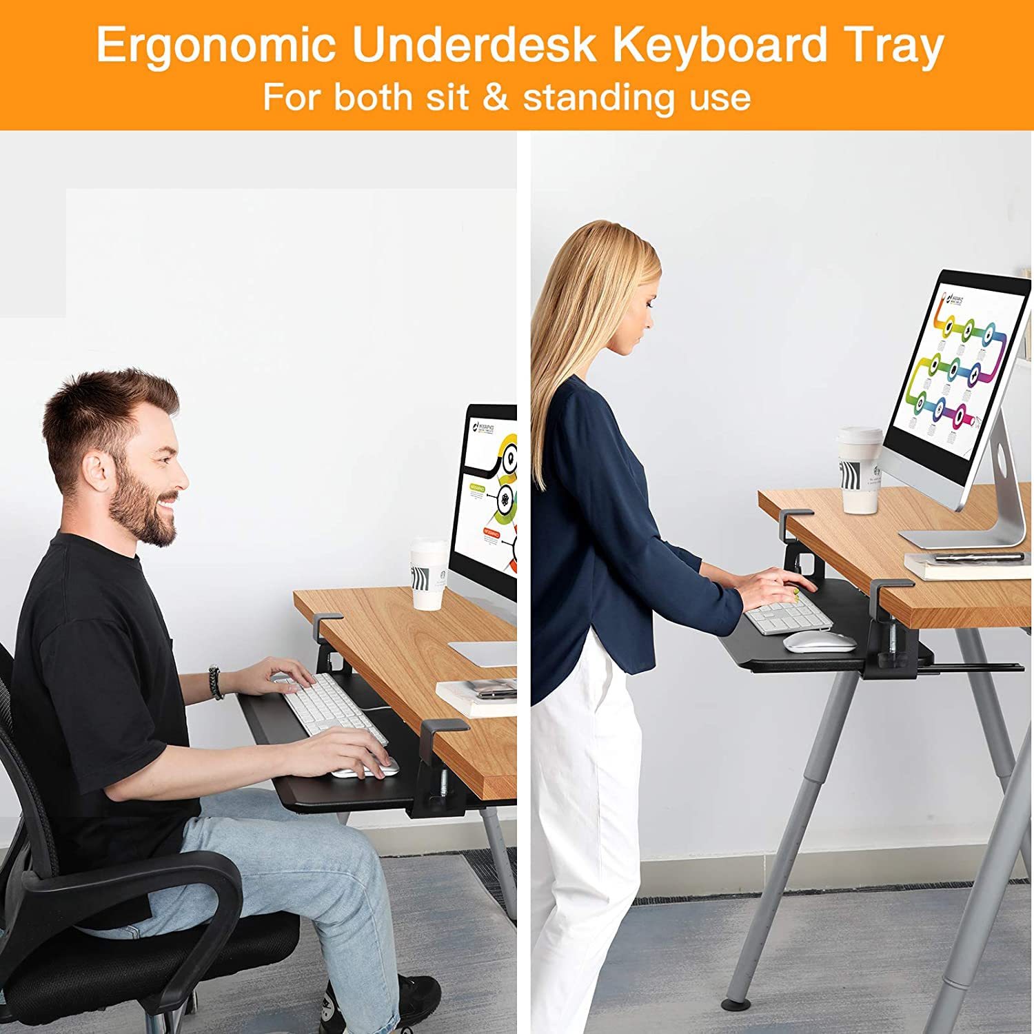 ErGear Keyboard Tray Under Desk, 26.3” (30.7" Including Clamps) x 11.8” Slide-Out Enlarged Keyboard Mouse Holder, Ergonomic Clamp on Computer Drawer Extender, Black