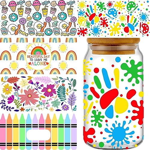 Myhiju 5 Sheets UV DTF Transfer Sticker for 16OZ Libbey Glass Cups, UV DTF Cup Wrap Transfer Cup Stickers Clear Film Transfer Paper Mug Stickers Waterproof DIY Rub on Transfers for Crafts Decals (Style3)