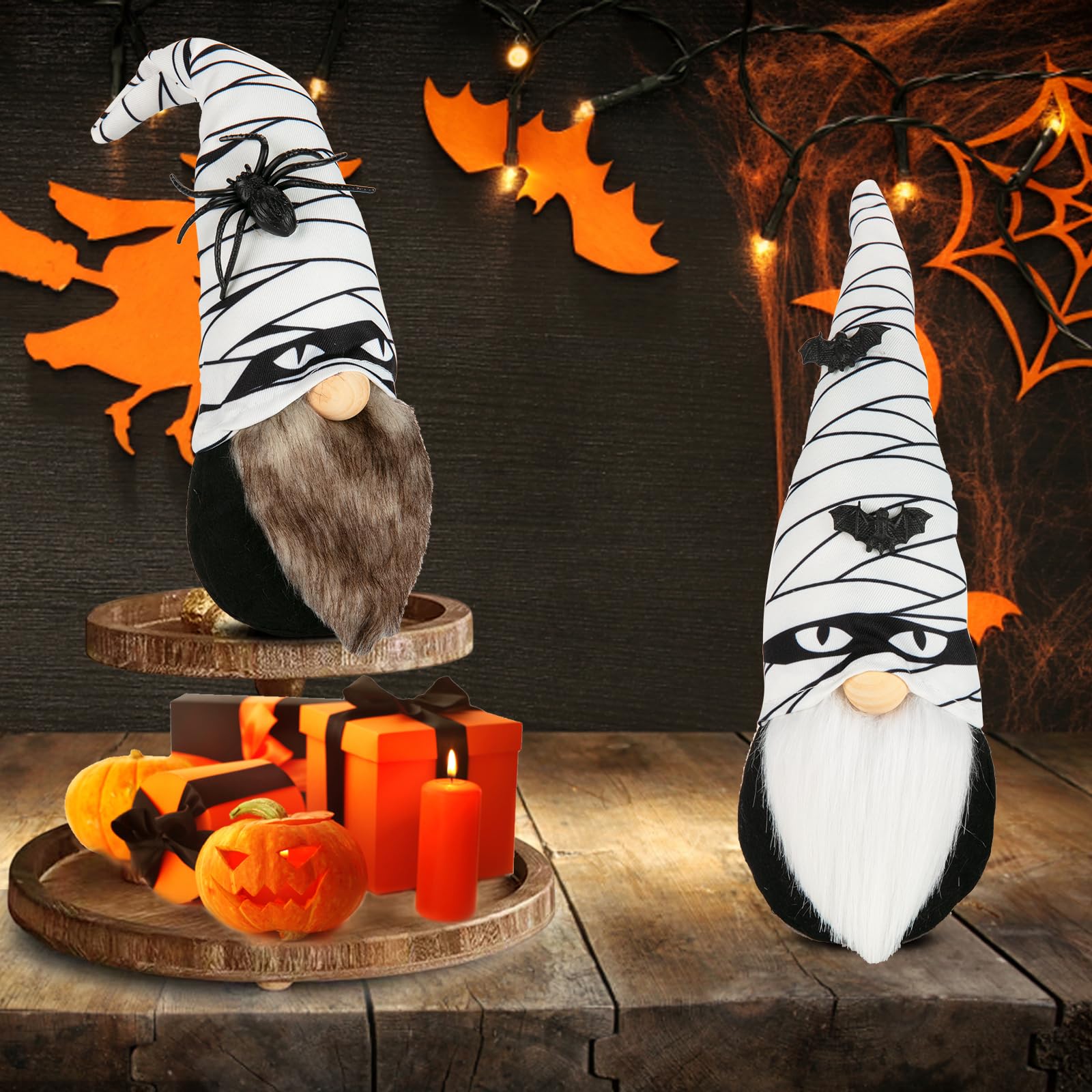 HAAPLL Halloween Gnomes Decorations, Halloween Decorations Indoor, Spider Hat Winter Gnomes - Handmade Plush 2 Pack Swedish Tomte Dwarf for Home Farmhouse Tiered Tray Docor (Halloween)