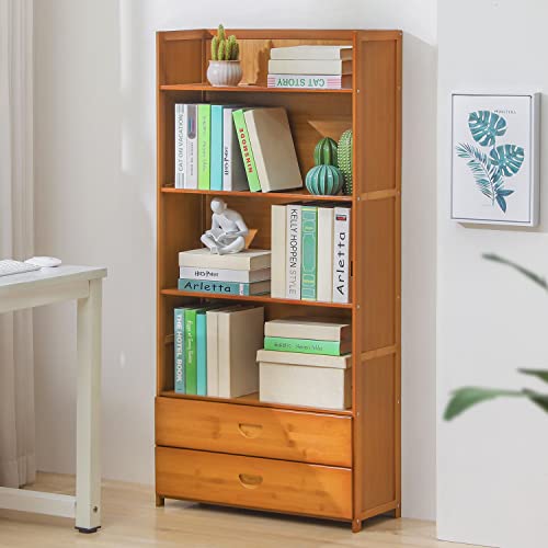 MoNiBloom 4 Tier Bookcase with 2 Drawers, Bamboo Large Multifunctional Shelf Storage Organizer Book Display Shelves for Home Living Room Office, Brown