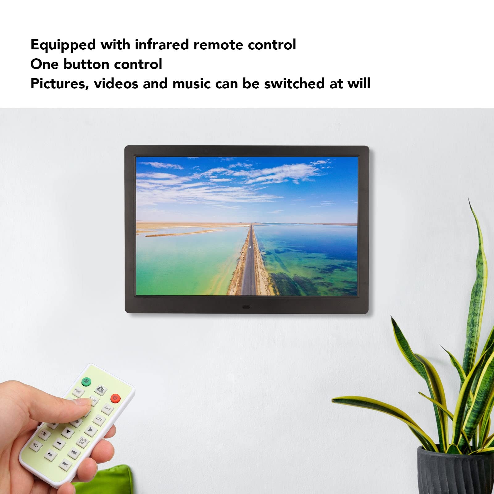 Electronic Photo Album, Play Black Alarm Clock Timer Switch Digital Picture Frame 14.1 Inch HD LED Display with Desktop Stand for Office (US Plug)
