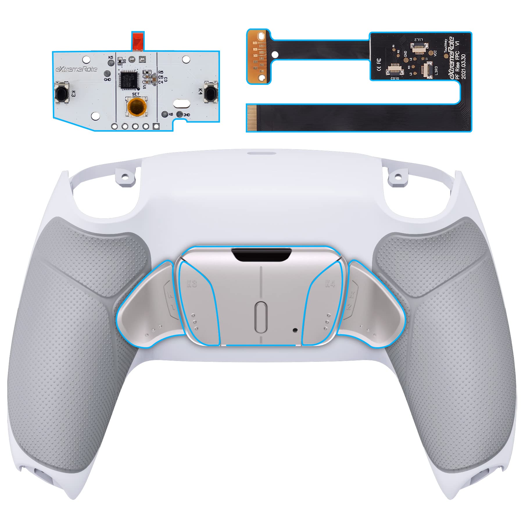 eXtremeRate Silver Real Metal Buttons (RMB) Version RISE4 Remap Kit for PS5 Controller BDM-010 020 w/Gray Rubberized Grip White Redesigned Back Shell, Upgrade Board, 4 Back Buttons for PS5 Controller
