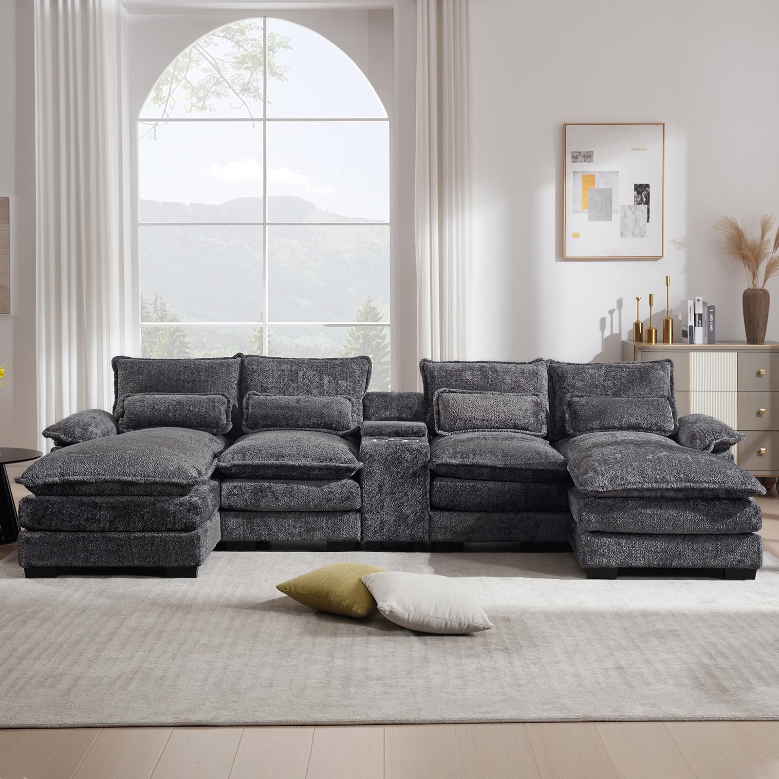 KIVENJAJA 123β Modular Sectional Couch with Console, Cup Holders and USB Ports, Modern U-Shaped Cloud Sofa w/Double Chaise & Deep Seat for Living Room, Chenille, Grey