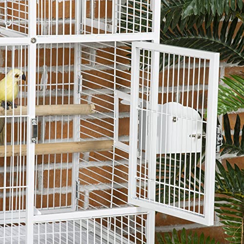 PawHut 55" Large Parrot Cage with Toy Hooks Above Top Bird Perch, Tray, Food Cups, Rolling Stand, Bird Cage for Cockatiels, Parakeets, Lovebirds
