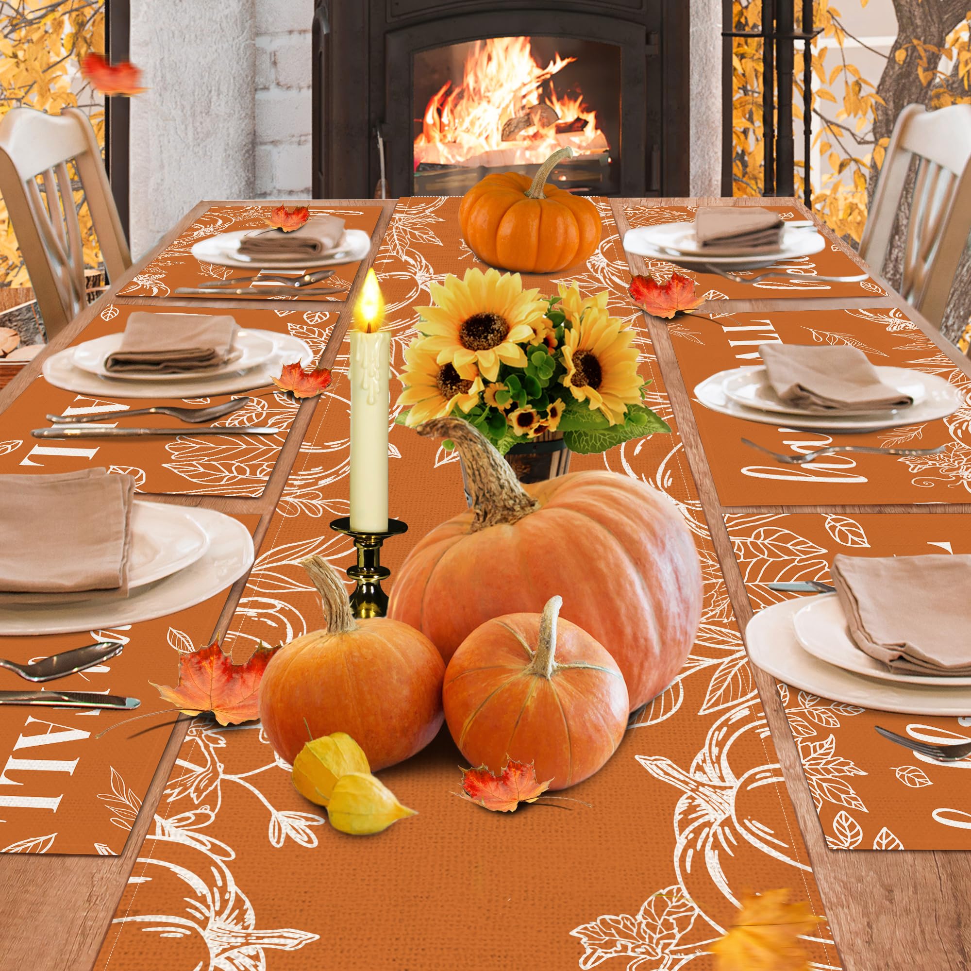 Fall Table Runner and Placemats Set of 6, Fall Table Decor, Fall Line Pumpkin Leaves Orange Kitchen Dining Autumn Table Decorations, Harvest Thanksgiving Farmhouse Hallo Fall Table Runner Mats Set