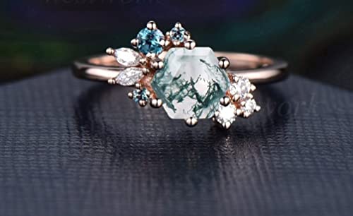 Hexagon cut moss agate ring vintage green moss agate engagement ring rose gold unique cluster engagement ring diamond wedding ring for women (WHITE GOLD, 6)