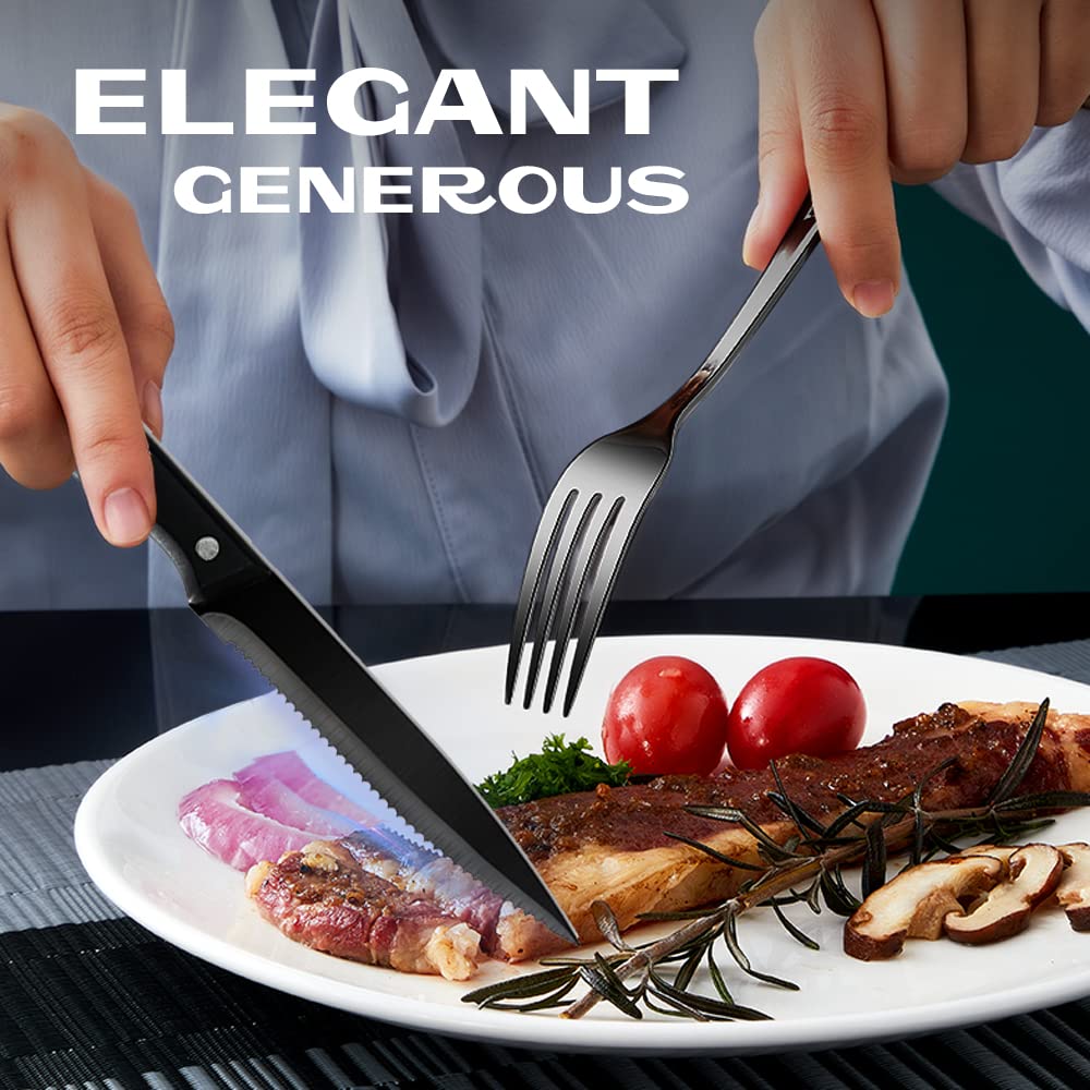 JGJGJG Silverware Set,24 Piece Stainless Steel Flatware Cutlery Set Service For 4,Include Steak Knives/Knife/Fork/Spoon,Mirror Finish, Dishwasher Safe Perfect For Home Kitchen Restaurant (Black)