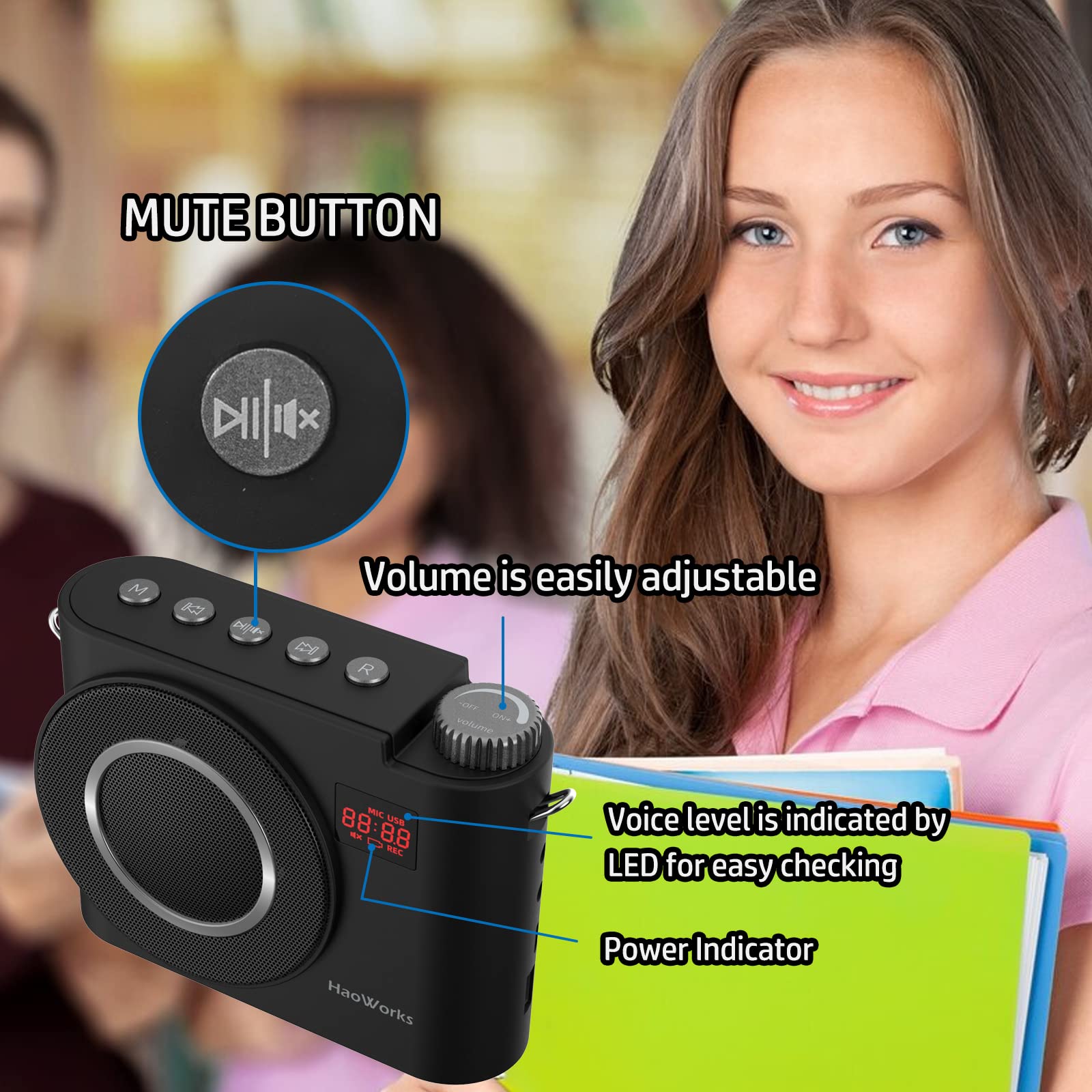 HaoWorks Voice Amplifier for Teachers - 20W Portable Voice Amplifier Wired Headset Mic and Speaker System, Personal Microphone for Classroom, Tour Guide, Instructor, Public Speaking