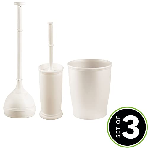 mDesign Plastic Modern Bathroom Storage and Cleaning Accessory Set - Includes Toilet Plunger, Bowl Brush, Wastebasket Trash Can/Garbage Bin - 3 Pieces - Hyde Collection - Cream/Beige