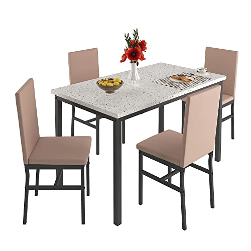 UFINEGO 5-Piece Kitchen Table Set with Imitation Faux Marble Top and Faux Leather Upholstery Chairs Elegant and Versatile 5-Piece Dining Set for Kitchen