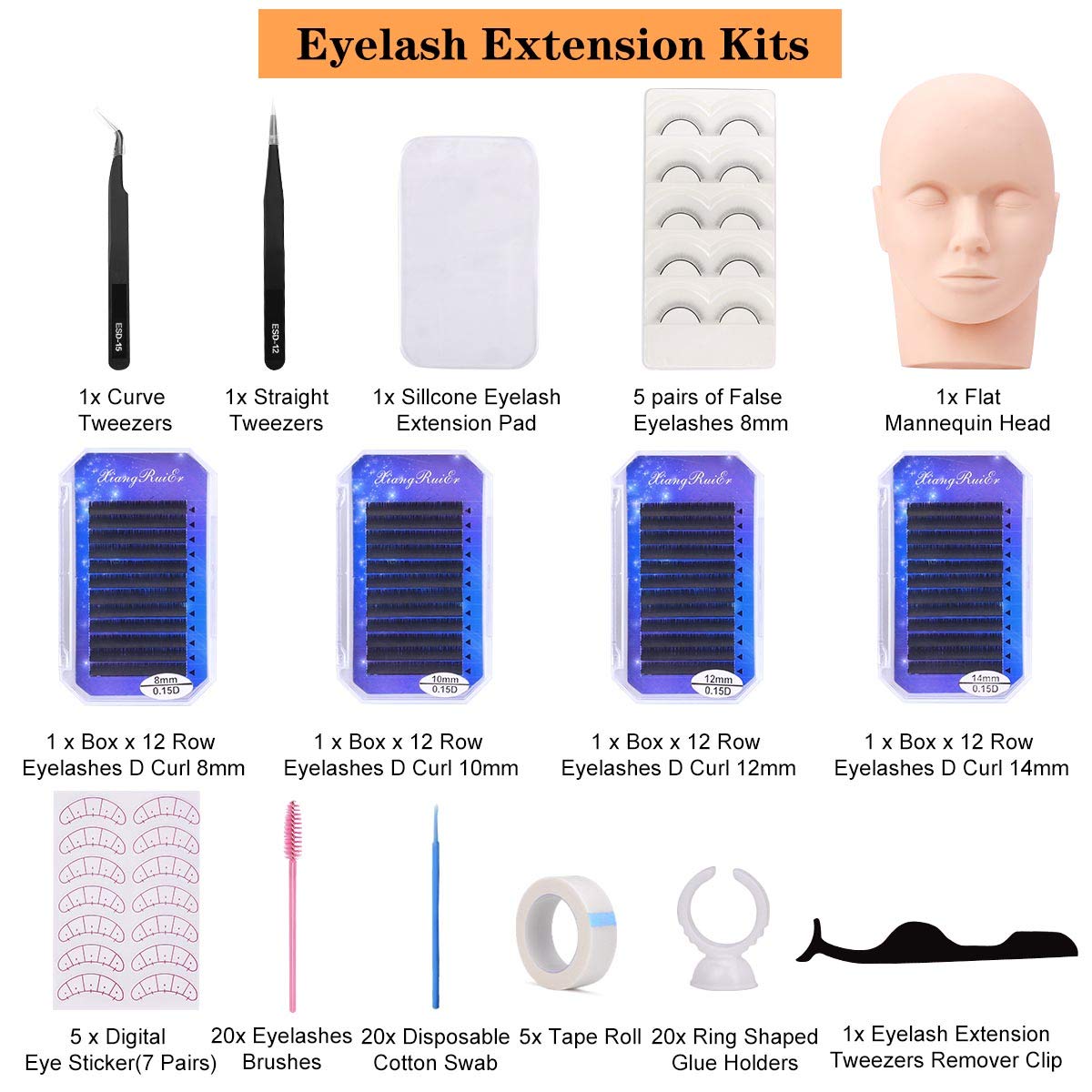 False Eyelash Extension kit, MYSWEETY False Eyelashes Extensions Practice Tool Set & Practice Training Mannequin Head Model for Beginners Cosmetology Makeup Training Eye Lashes Graft