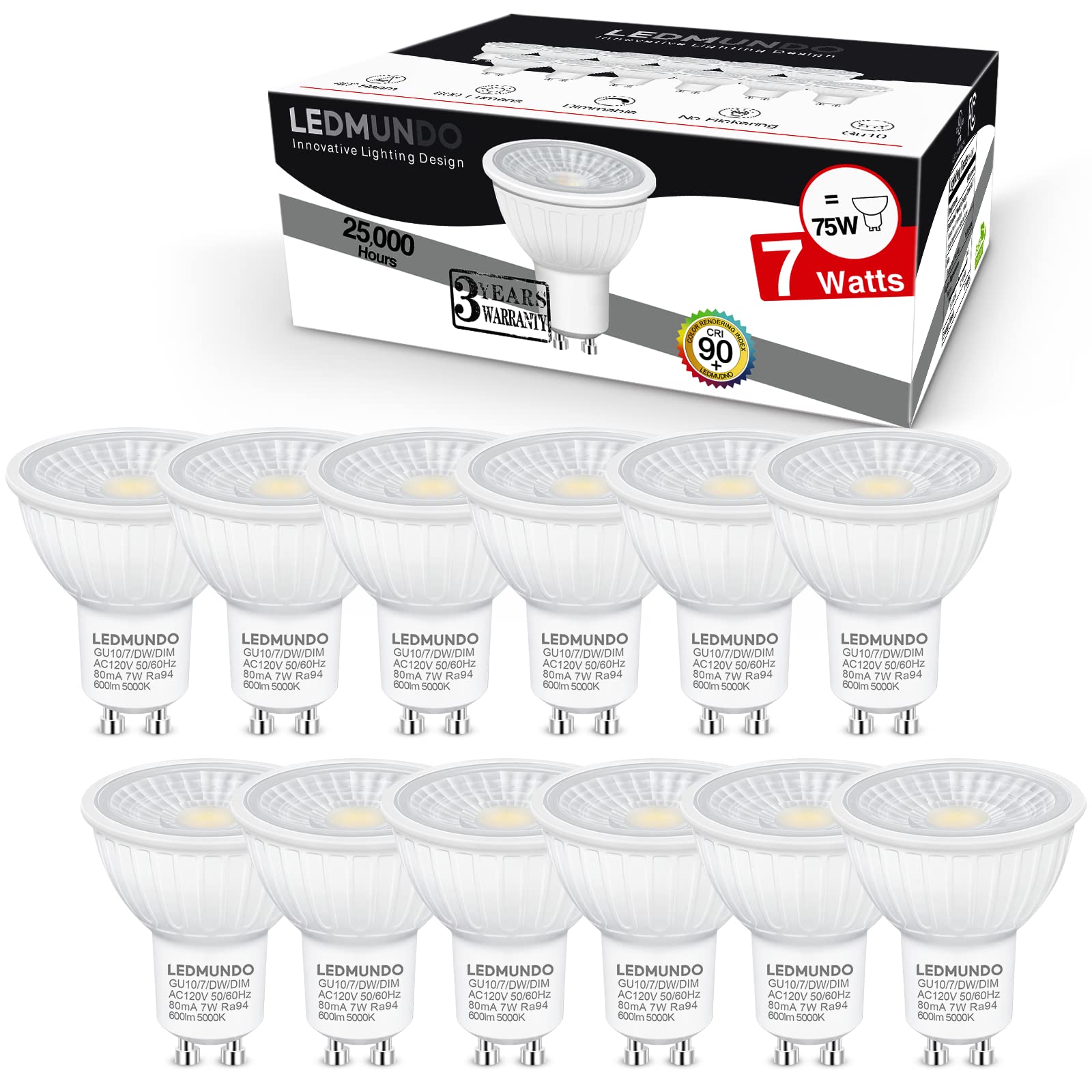 GU10 LED Bulbs Daylight - 7W - 90+CRI - Dimmable - 600LM - 75W Halogen Equivalent - 5000K - GU10 Recessed Lighting Bulb - Track Lighting Bulb - Spotlight Bulb - UL Listed - Pack of 12