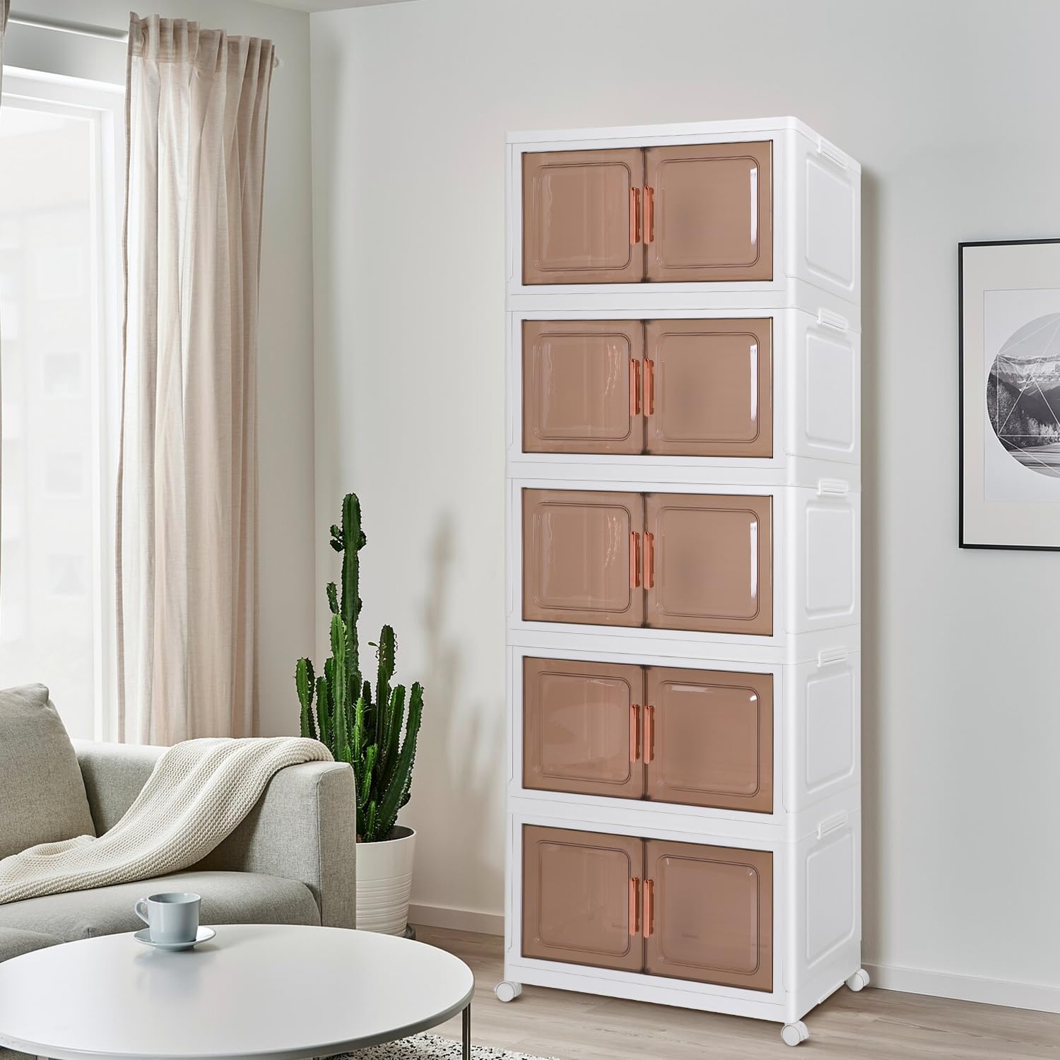 SALLOUS 5-Tier Stackble Storage Bins with Lid, 145Gal Collapsible Storage Bins with Wheels, Plastic Folding Storage Boxes, Closet Organizers for Living Room Home Office (White)