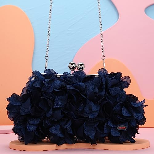 Fawziya Evening Clutch Rhinestone Floral Novelty Oversized Purses For Women Formal-Navy Blue