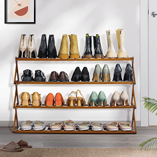 MoNiBloom Folding Shoe Stand, Bamboo Stackable Shoes Shelf Storage Organize for 21-25 Pairs Installation-Free for Entryway, Hallway Bedroom, Brown