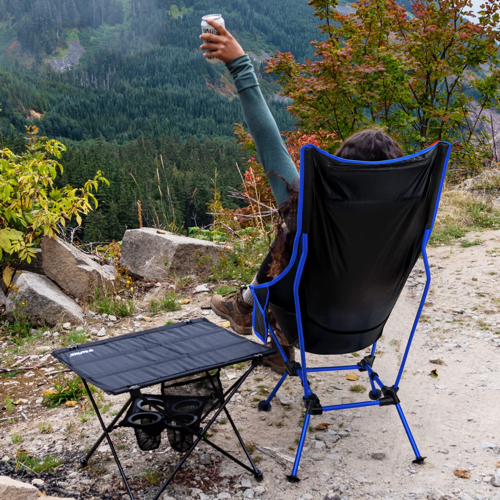 G4Free 2Pcs Lightweight Portable High Back Camp Chair Portable Camping Table with Aluminum Table